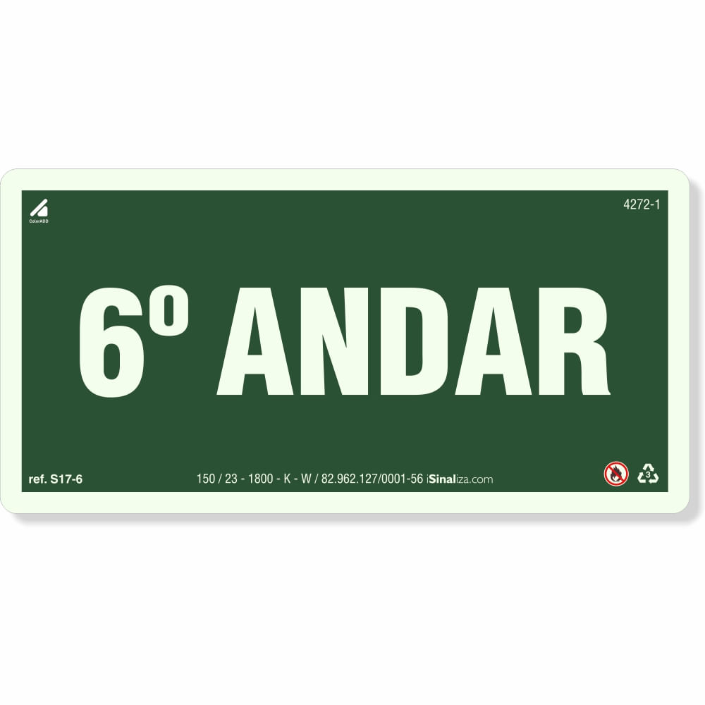 Placa 6 Andar Fotoluminescente S17-6 - iSinaliza.com - Loja de Sinalização